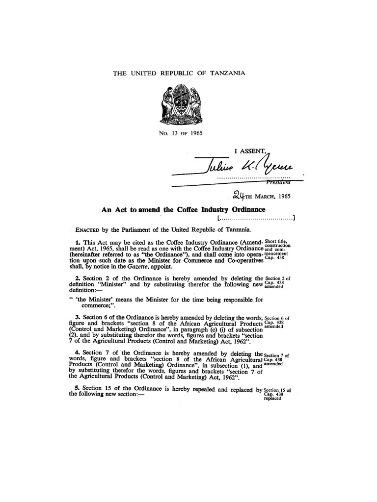 The Coffee Industry Ordinance (Amendment) Act, 1965 (Act No. | PDF