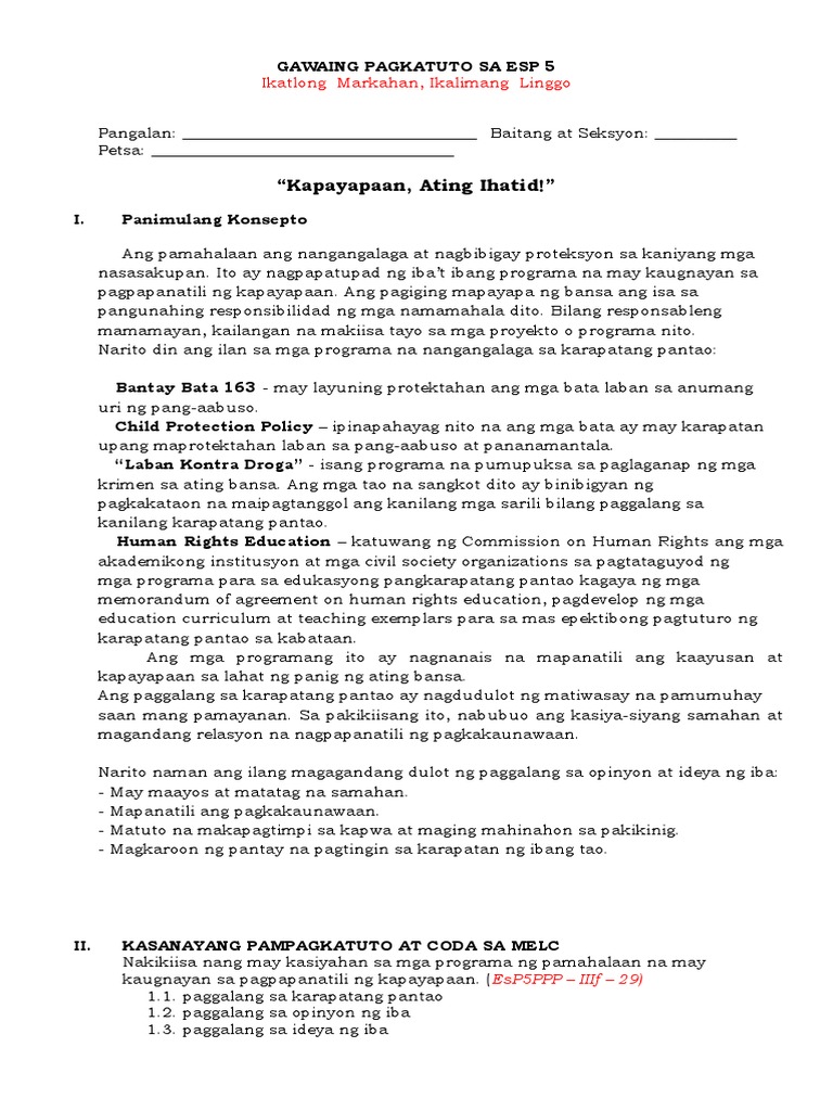 Learning Activity Sheets - ESP-5-Q3-Week 5 | PDF