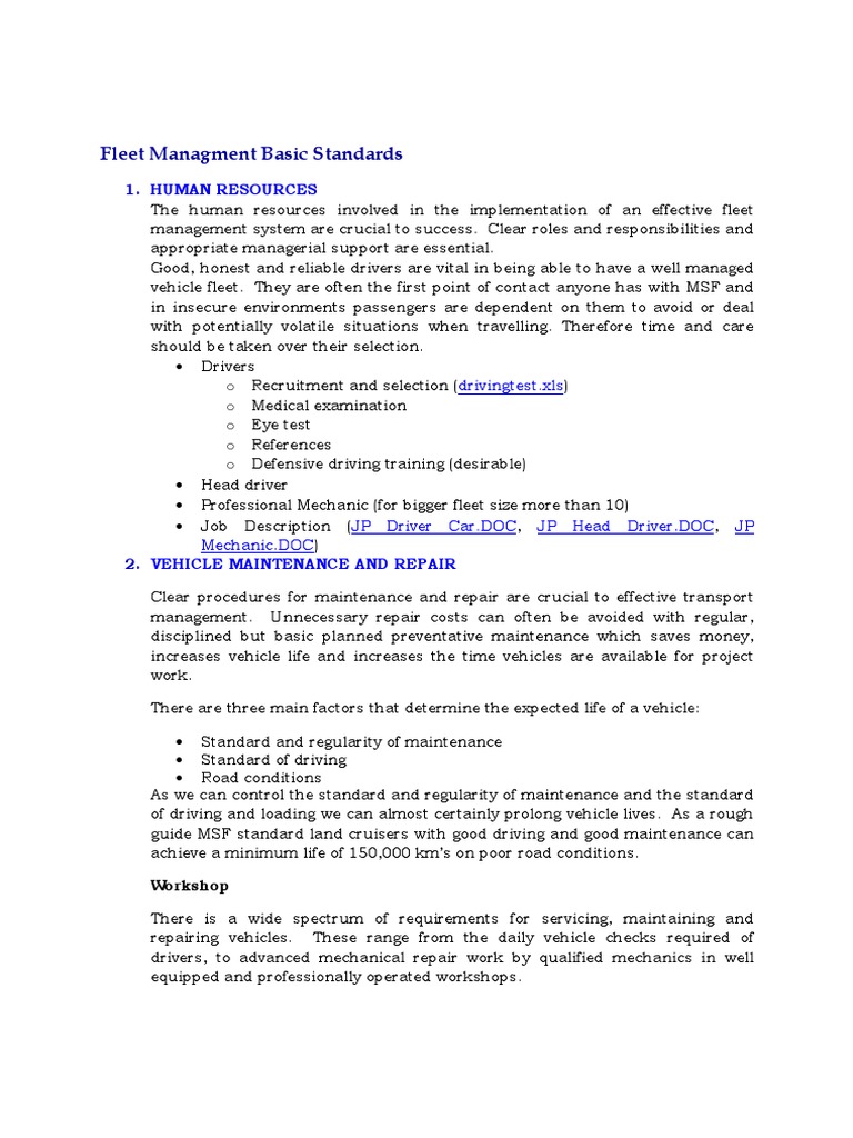 Fleet Management Basic Standards Pdf Transport Vehicles