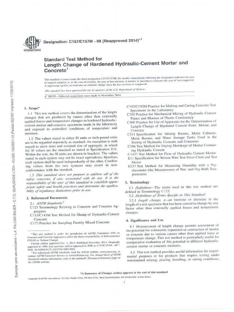 ASTM C 157 - Cimento Hidráulico Endurecido - Mudanças de Comprimento | PDF