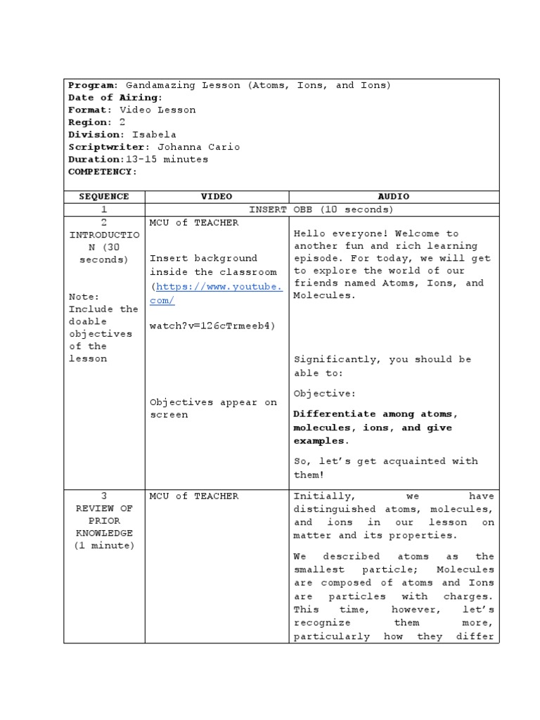 VIDEO SCRIPTWRITING TEMPLATE With CONTENT | PDF | Ion | Atoms