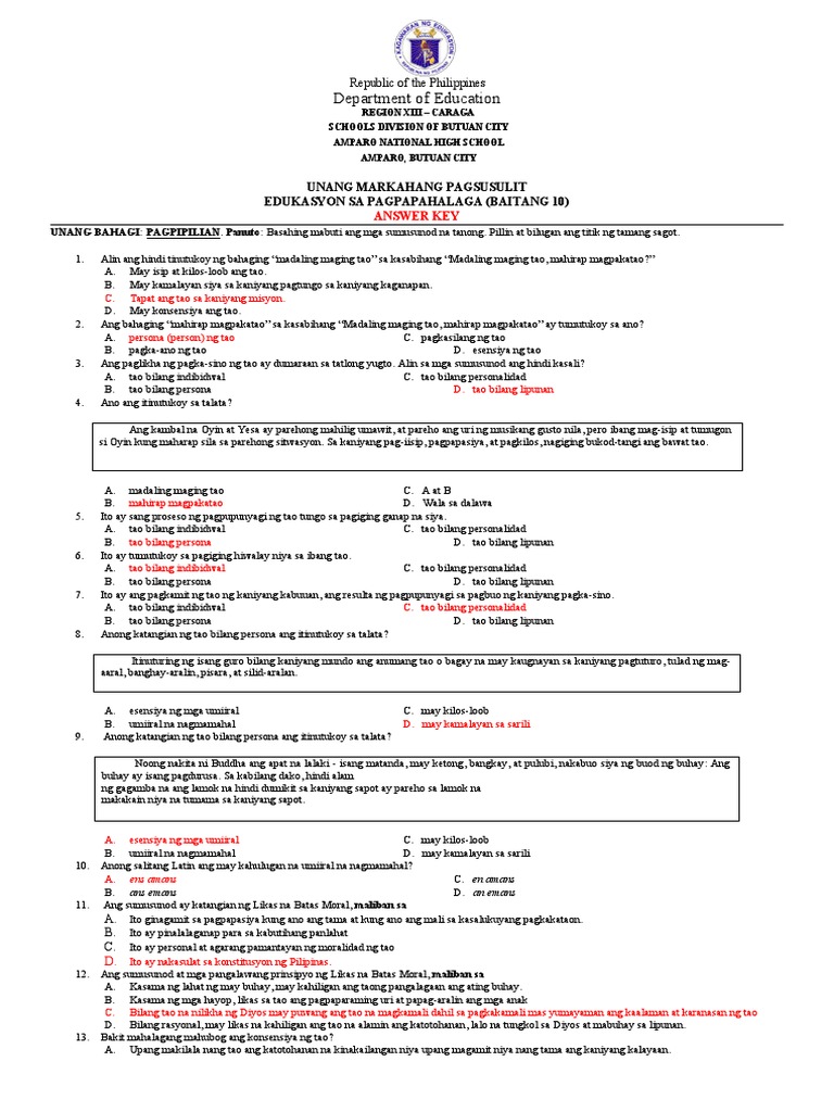 Answer Key Esp 10 First Quarter Exam 1 | PDF