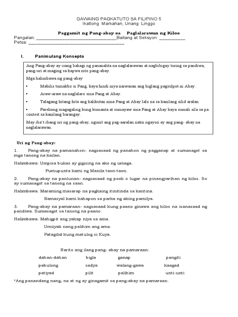 LAS-Filipino-5-Q3-W1 | PDF