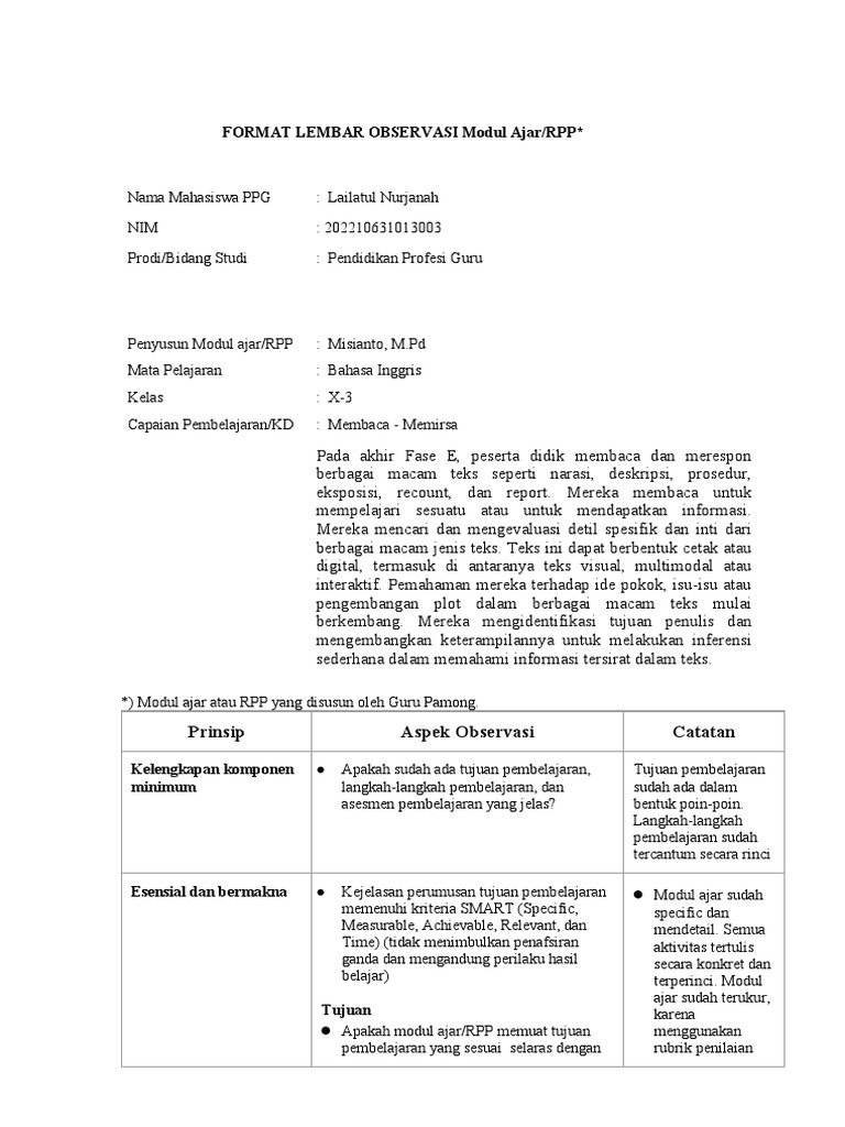 Lampiran 2 - Lembar Observasi RPP Pak Misi | PDF