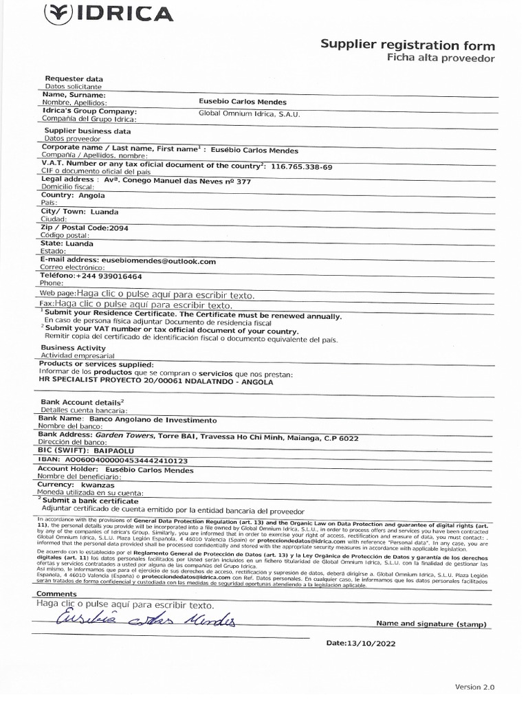 Supplier Registration Form Assinado | PDF