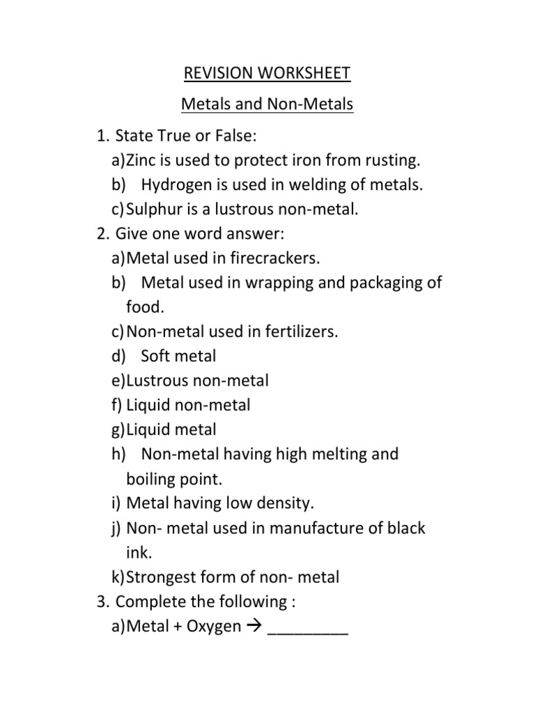 Revision Grade 7 Worksheet - Metals and Non - Metals | PDF