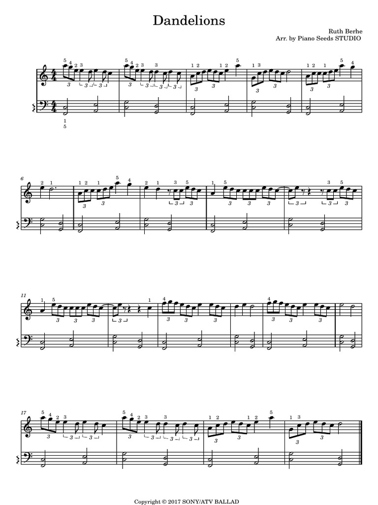 Dandelions Ruth B EASY PIANO | PDF