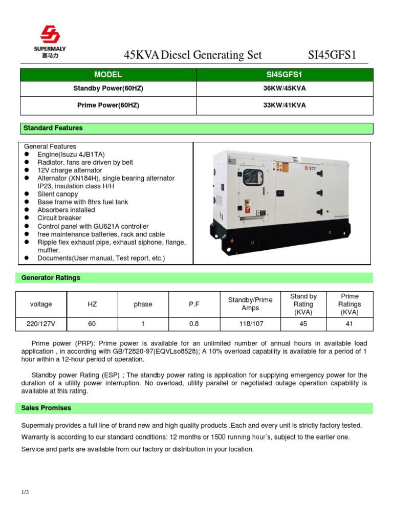 45KVA Diesel Generator SI45GFS1 Specs | PDF | Diesel Engine ...