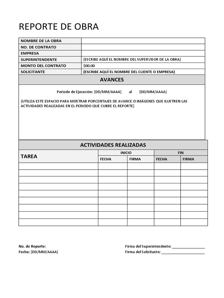 Formato De Reporte De Obra Para Word Pdf