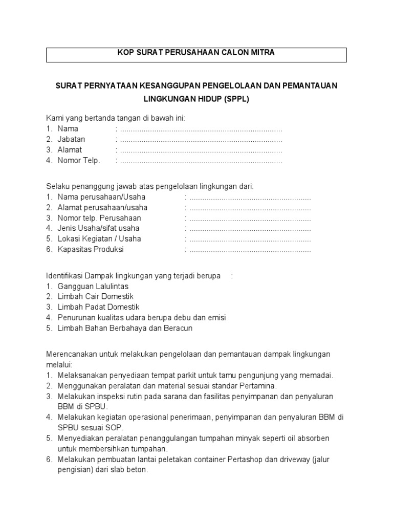 Template Pengajuan SPPL Pertashop | PDF