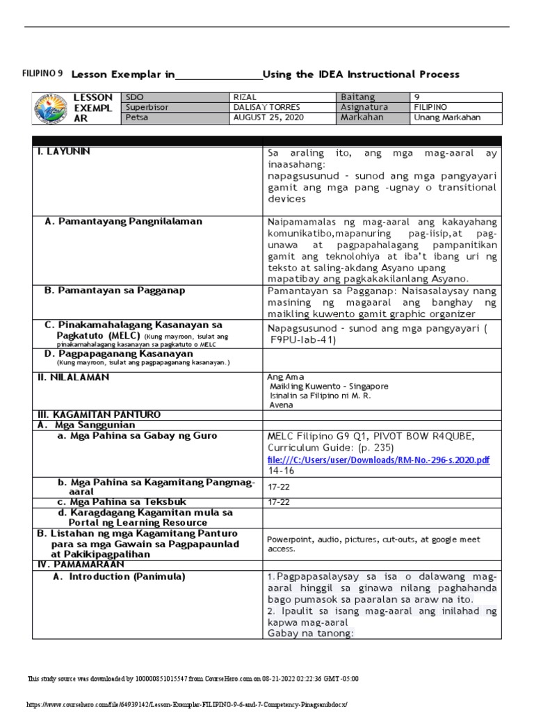 Lesson Exemplar FILIPINO 9 6 and 7 Competency Pinagsanib | PDF