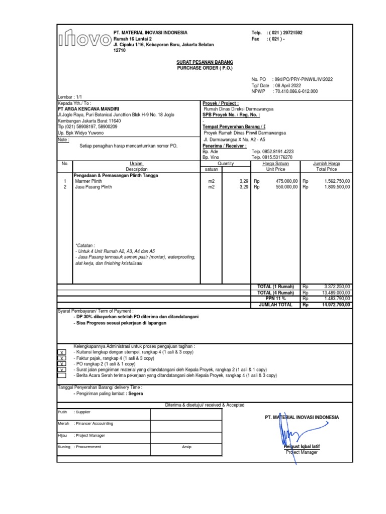 PO No. 094 Pek. Tambah Plinth Tangga by PT Arga Kencana Mandiri | PDF