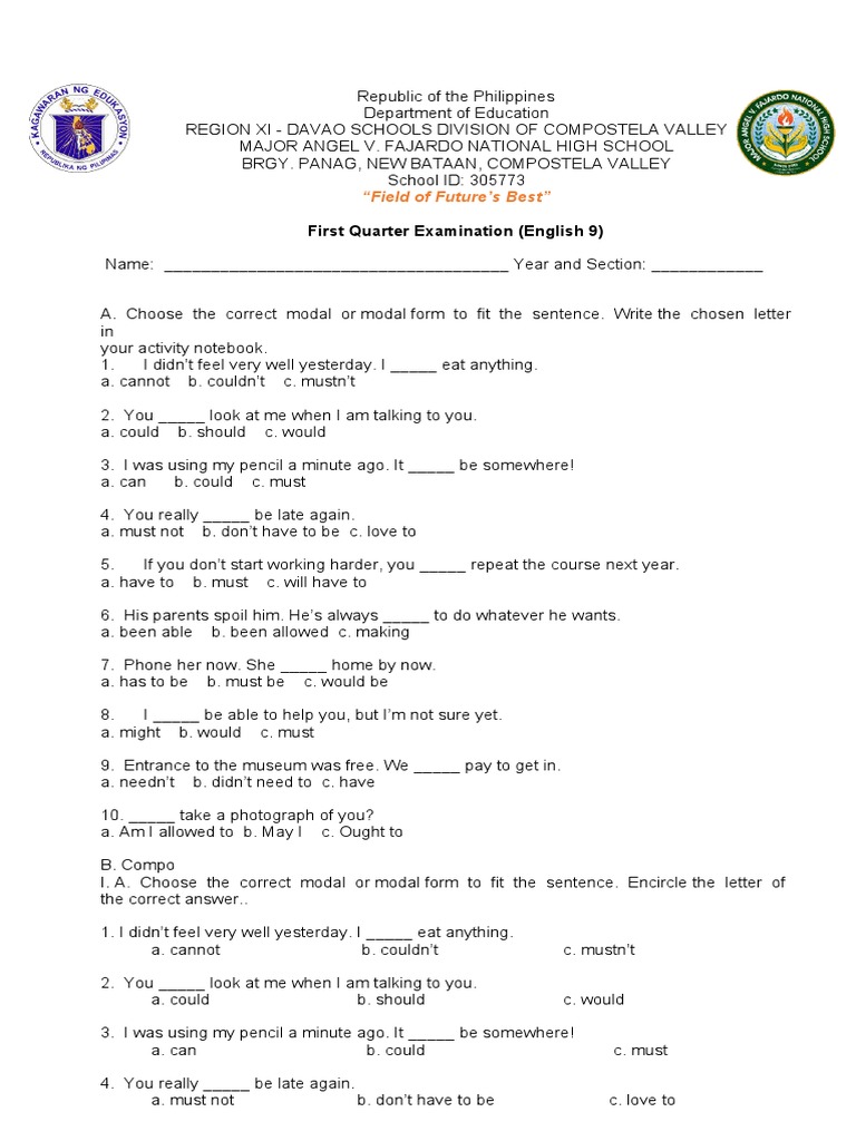 Eglish 9-1st Quarter Exam | PDF | Grammar | Linguistics