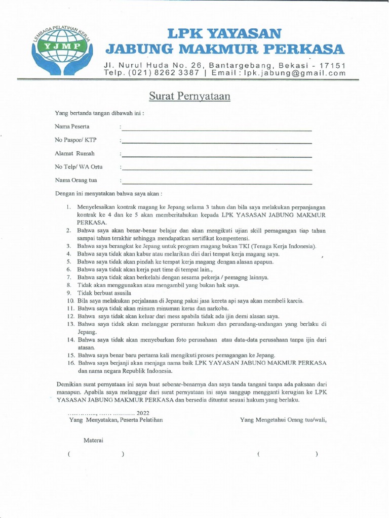 Surat Pernyataan Keberangkatan | PDF