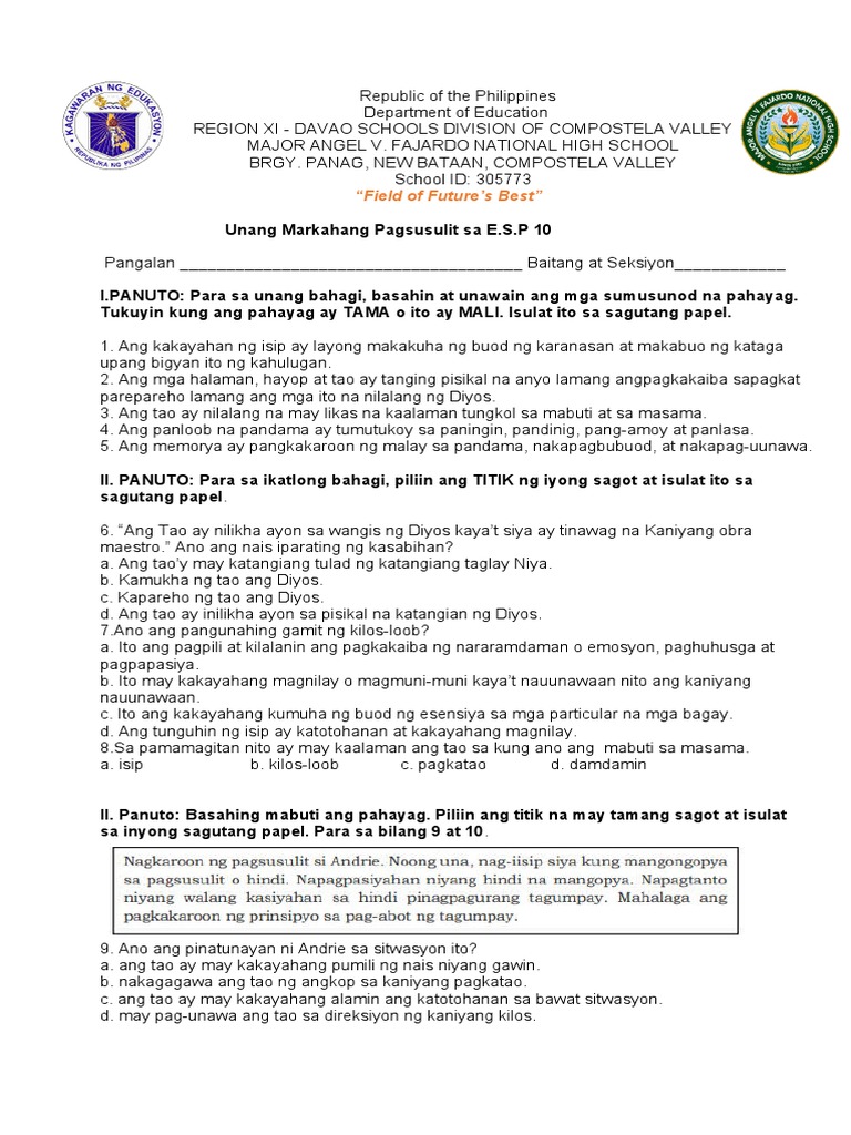 ESP 10-1st Quarter Exam | PDF