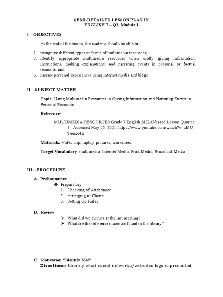 Semi-Detailed Lesson Plan in English 7 | PDF | Multimedia | Mass Media