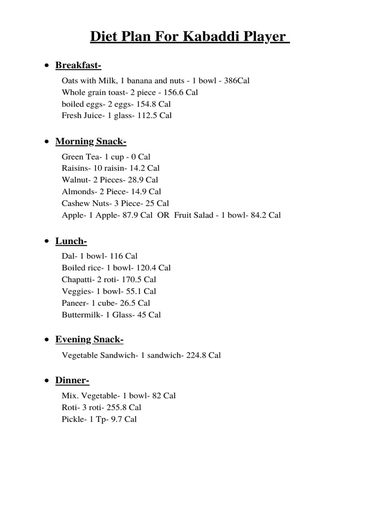 Kabaddi Player Diet Plan Guide | PDF | Cooking, Food & Wine