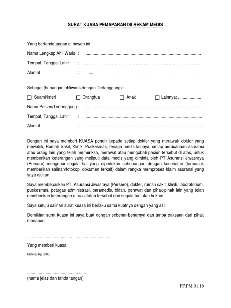 F PM 01 16 - Surat Kuasa Pemaparan Isi Rekam Medis | PDF