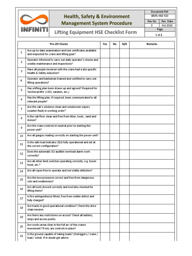 IBSPL-HSE-F20 Lifting Equipment HSE Checklist | PDF | Crane (Machine ...