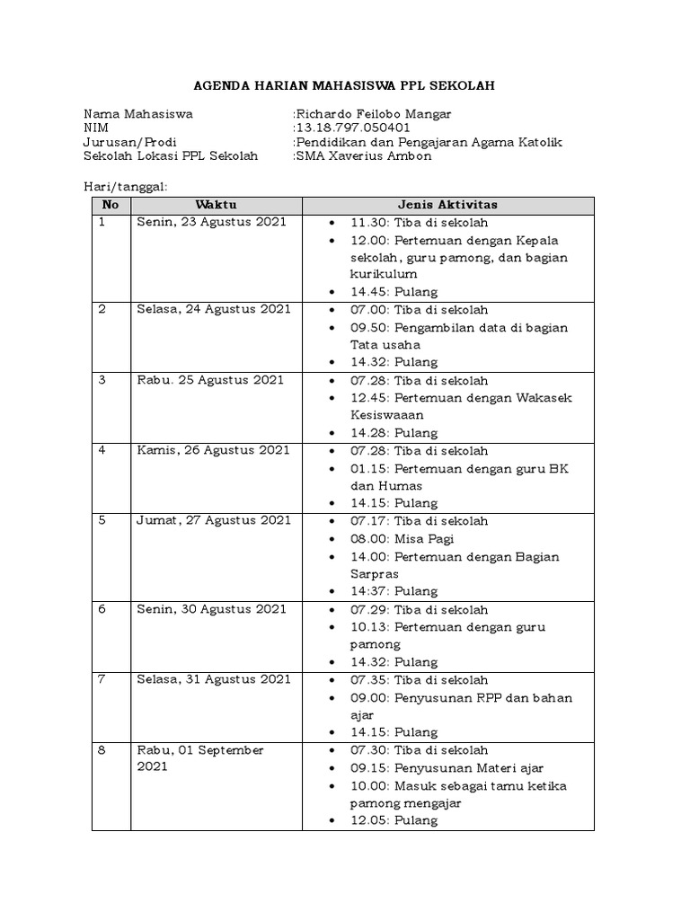 Agenda Harian Mahasiswa PPL Sekolah | PDF