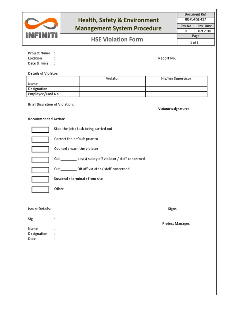 HSE Violation Report Form Template | PDF | Finance & Money Management | Law