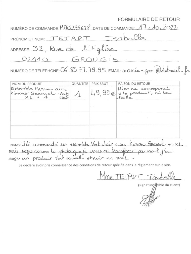 Formulaire de Retour | PDF