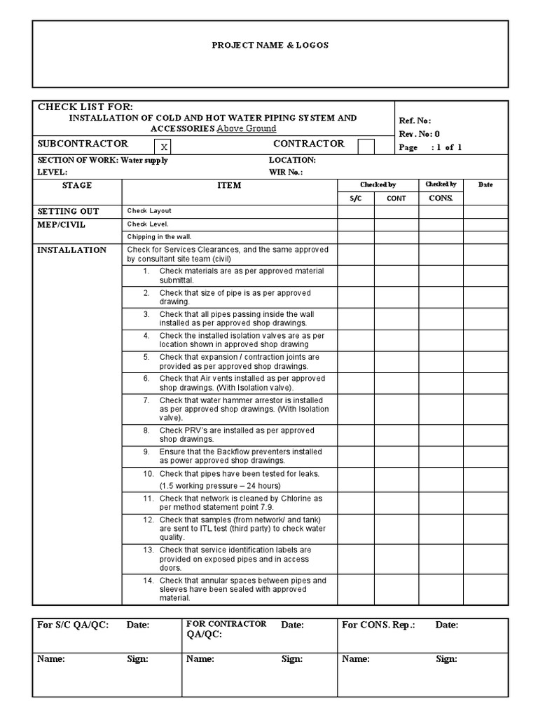 Checklist For Above Ground Water Piping Installation | PDF | Pipe ...