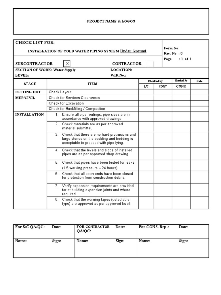 Checklist For Under Ground Water Piping Installation | PDF