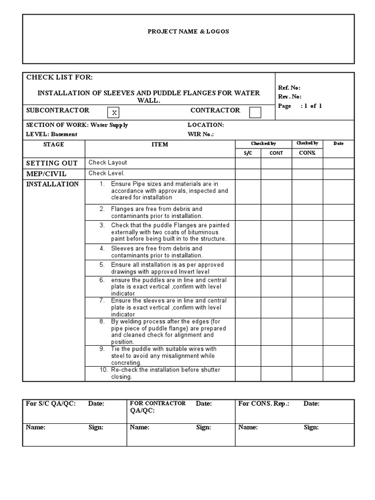 Checklist For Sleeves & Puddle Flang Installation | PDF | Pipe (Fluid ...