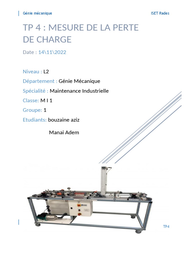 TP 4: Mesure de La Perte de Charge: Date | PDF | Ingénierie civile | Génie chimique