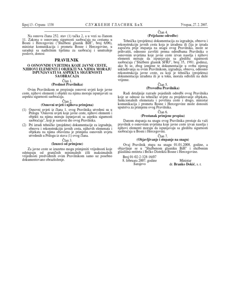 Pravilnik o Uvjetima Koje Ceste Moraju Ispunjavati | PDF