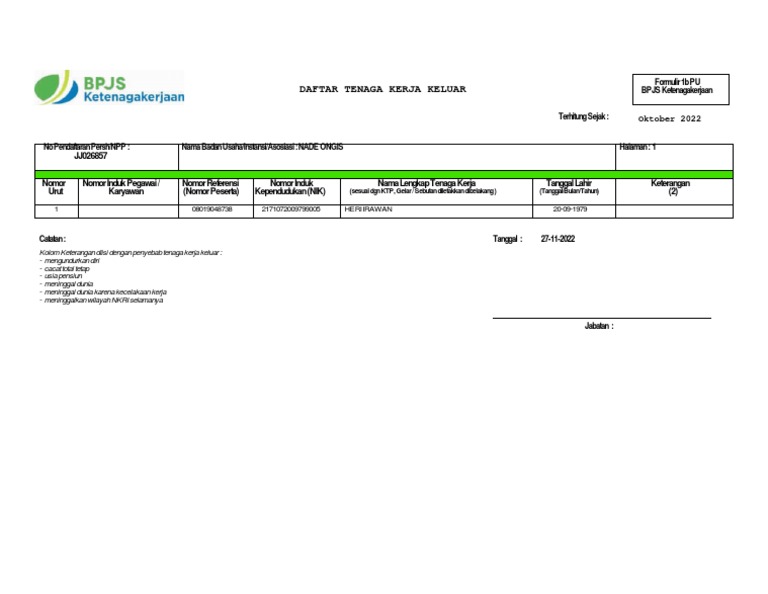 Formulir 1B BPJS Ketenagakerjaan | PDF