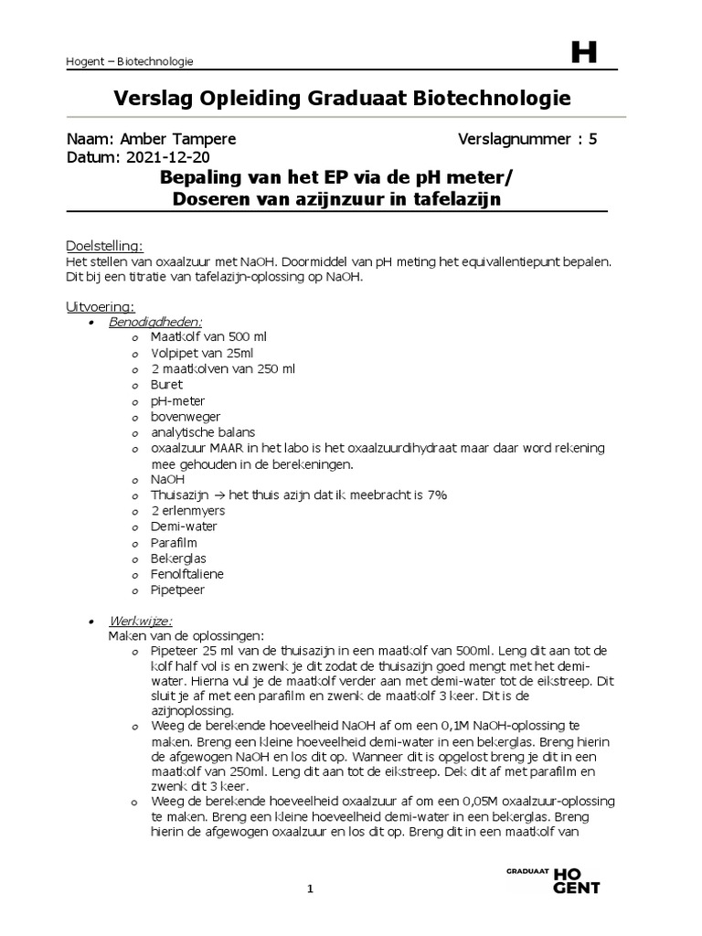 Verslag Bepaling Van Het EP Via de PH Meter | PDF