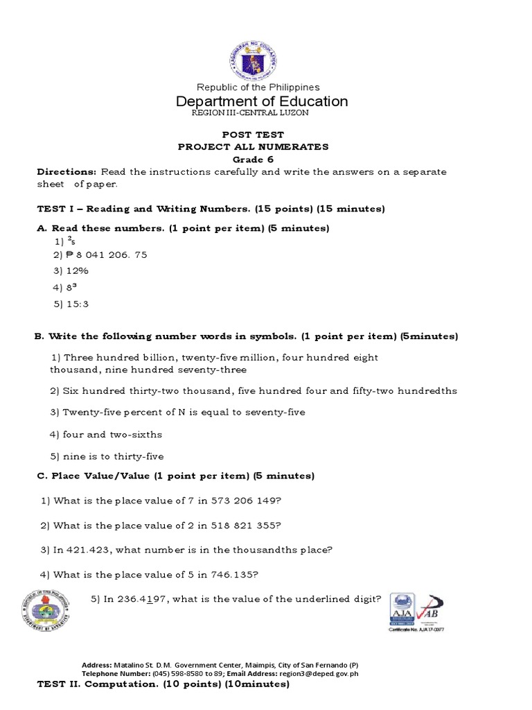 Grade 6 Numeracy Post Test | PDF | Mathematics | Elementary Mathematics