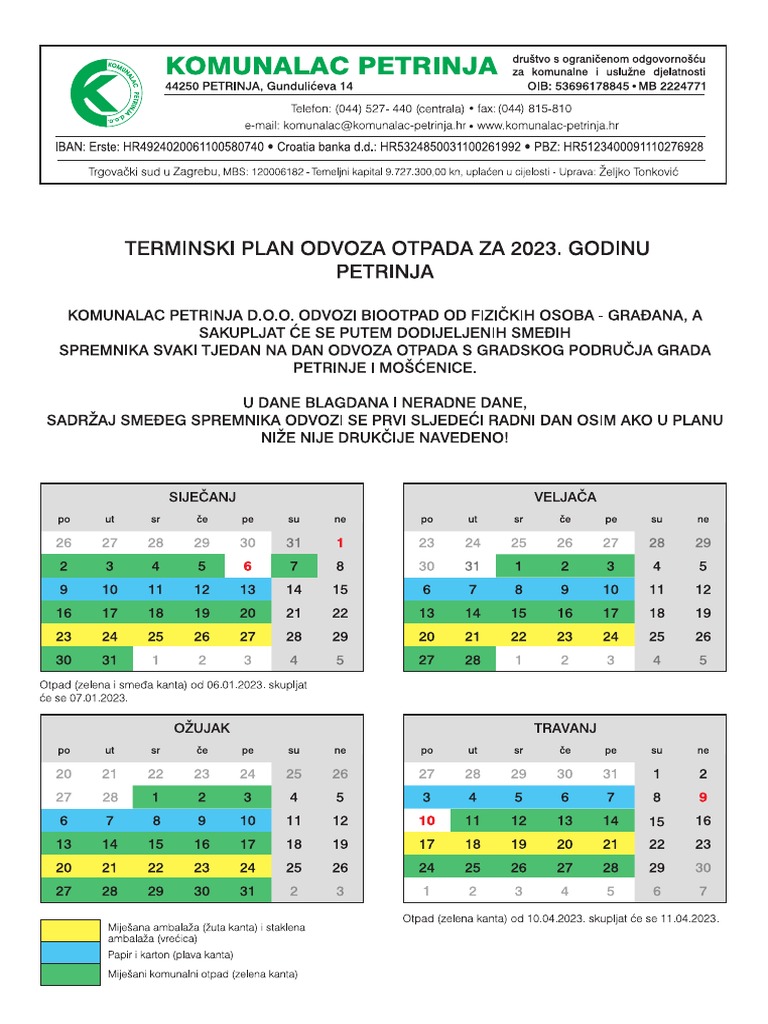 Terminski Plan Odvoza Otpada 2023 Petrinja 2 | PDF