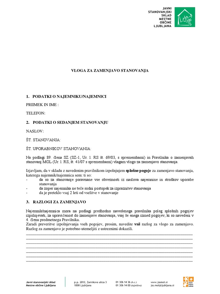 VLOGA Za Zamenjavo Stanovanja | PDF