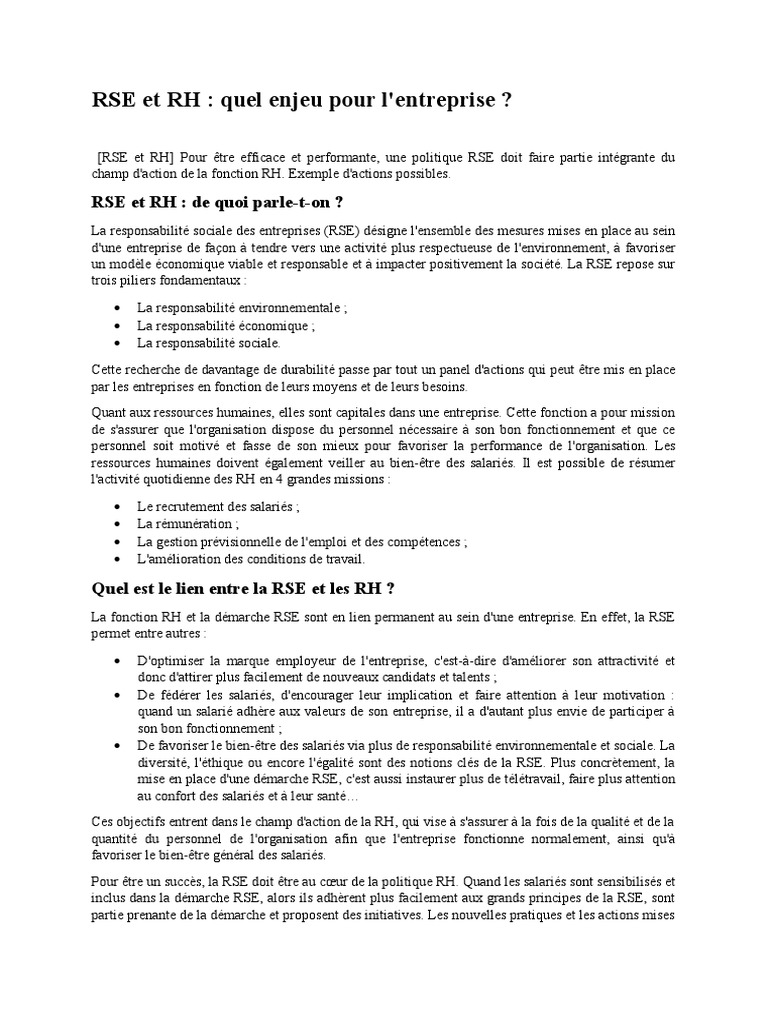 RSE et RH : enjeux et actions clés | PDF | Responsabilité sociétale des ...