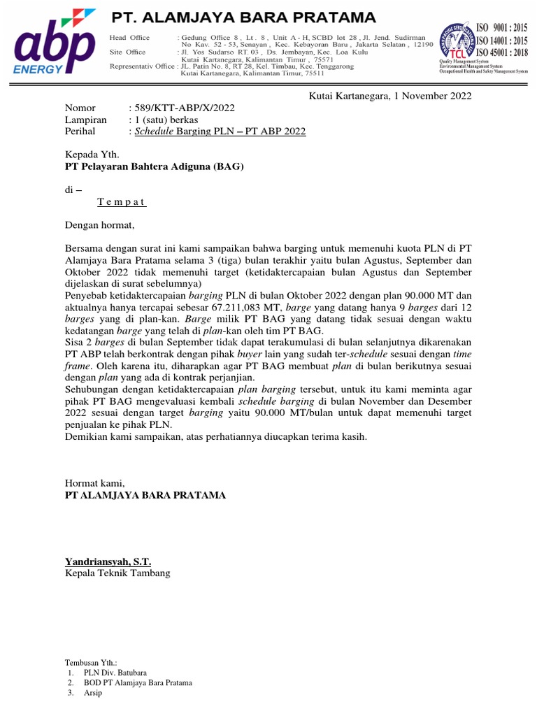 Schedule Barging PLN - PT ABP 2022 | PDF