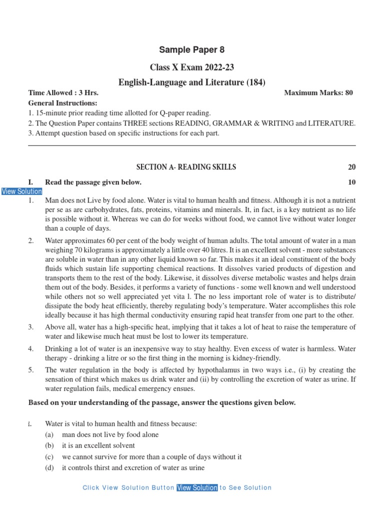 Sample Paper Class 10 | PDF | Water | Heat