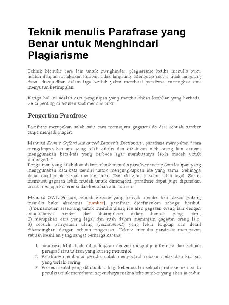 Teknik Menulis Parafrase Yang Benar Untuk Menghindari Plagiarisme | PDF