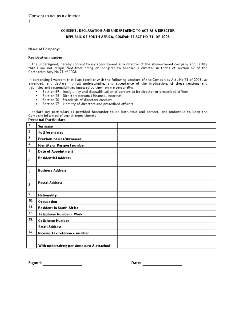 Consent To Act As Director | PDF | Indemnity | Damages