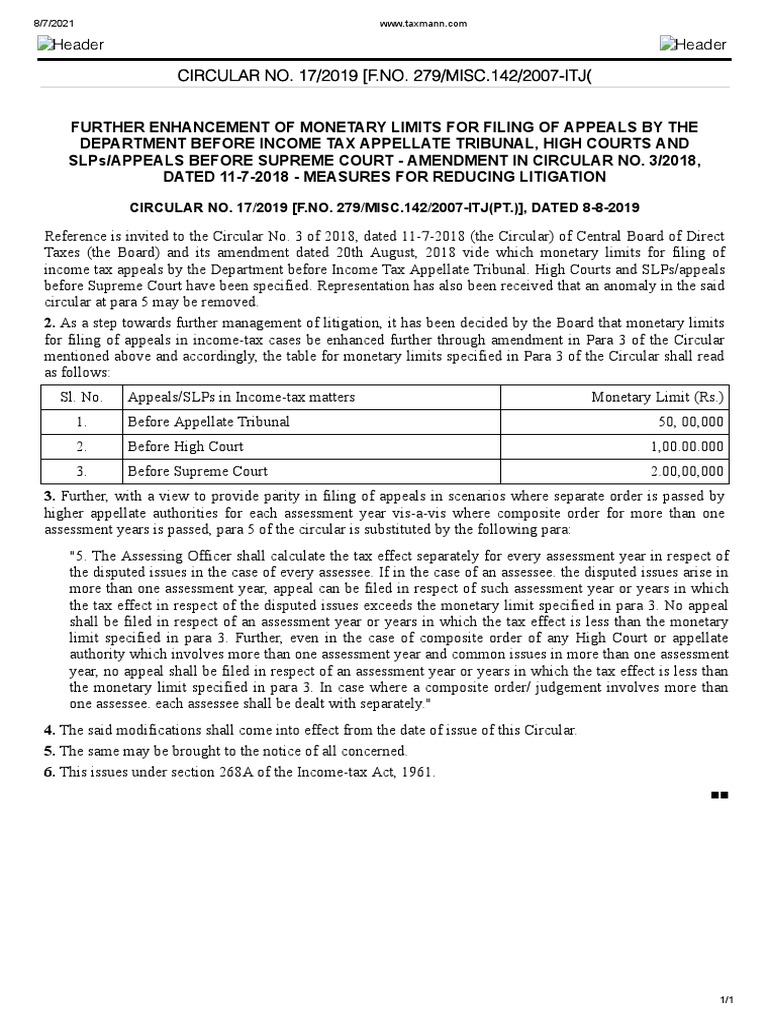 CBDT Circular 8 of 2019 08.08.2019 - Monetary Ceiling | PDF | Appeal ...