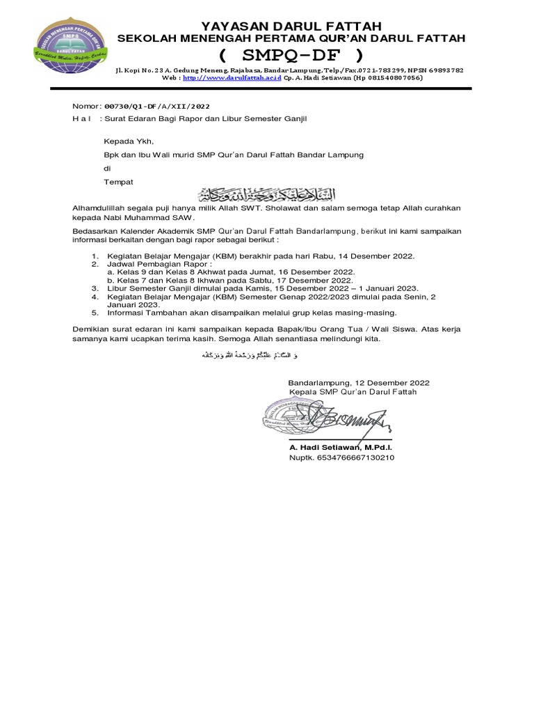 SURAT Edaran Bagi Rapor Dan Libur Semester Ganjil SMP Balam 2022-2023 | PDF