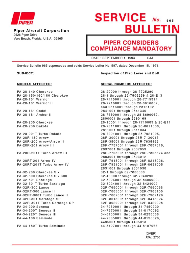 Piper Service Bulletin 965: Flap Inspection | PDF | Screw ...
