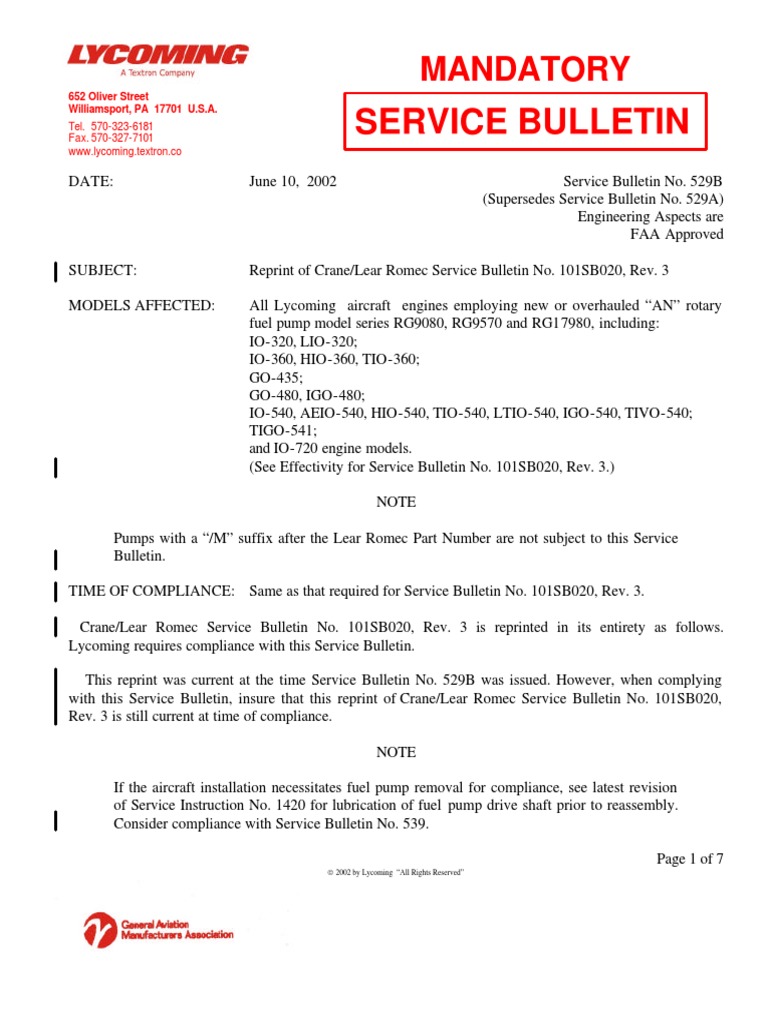 Reprint of Crane-Lear Romec Service Bulletin No. 101SB020, Rev. 3 - 0 | PDF