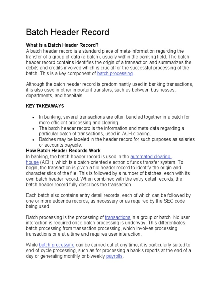 Batch Header Record | Download Free PDF | Clearing (Finance) | Payroll