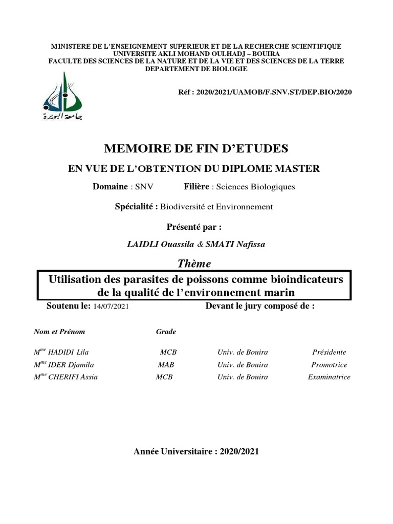 Memoire de Fin D'Etudes: en Vue de L'Obtention Du Diplome Master | PDF | Parasitisme ...
