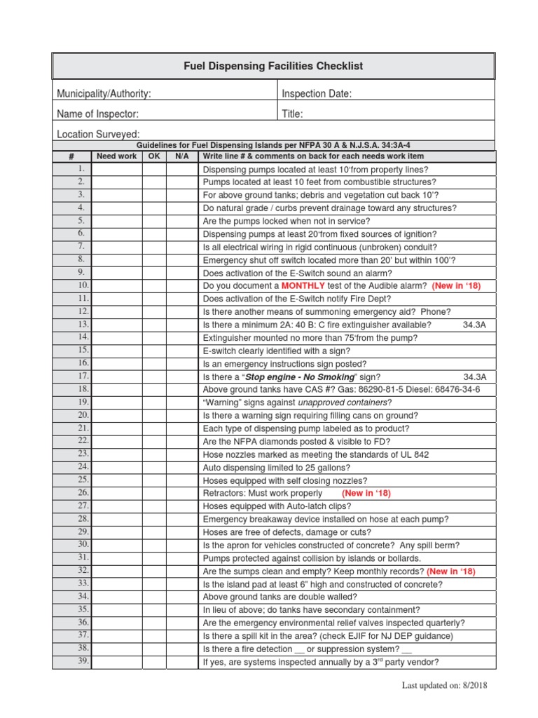 Fuel Dispensing Facility Safety Checklist | PDF | Pump | Manufactured Goods