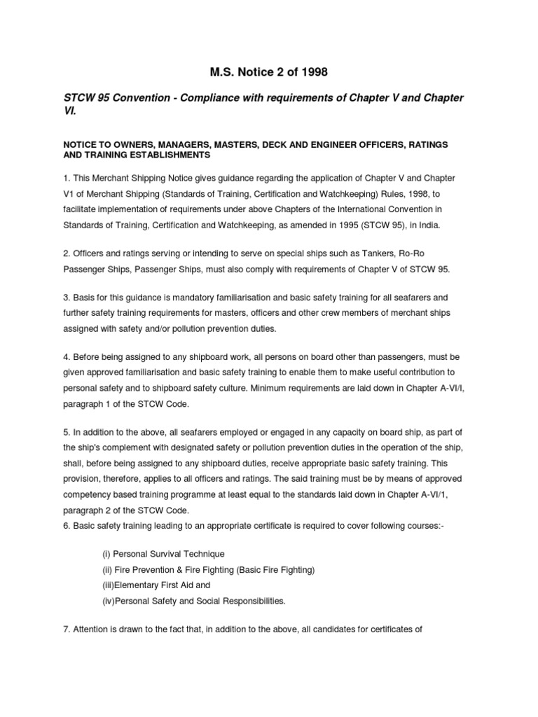 STCW 95 Convention - Compliance With Requirements of Chapter V & VI | PDF | Shipping