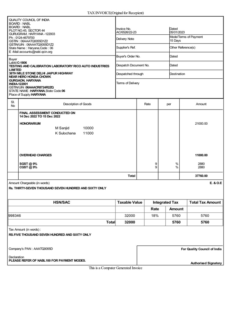 Calibration Lab Assessment Fee Invoice | PDF | Government | Public Finance